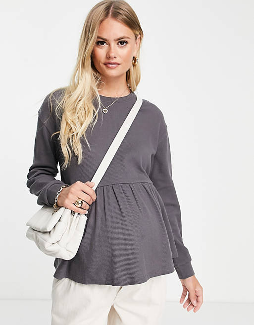 ASOS DESIGN Maternity waffle smock top with blouson sleeve in charcoal ...