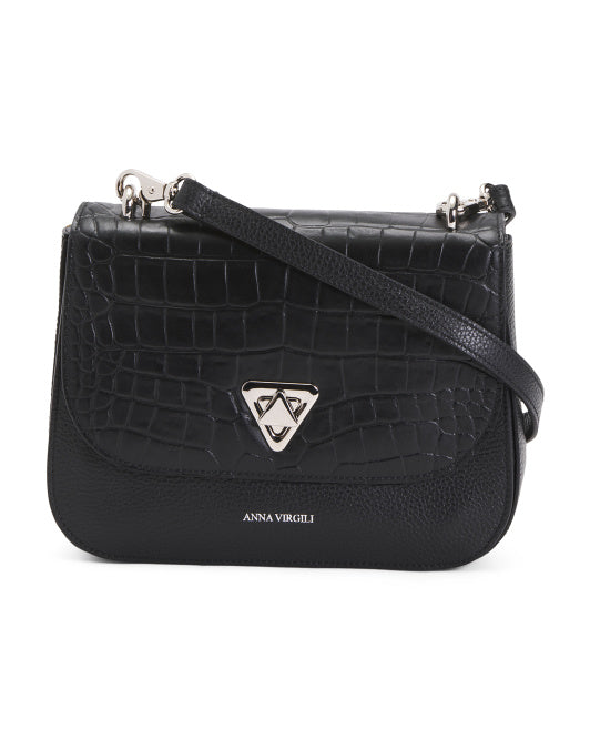 ANNA VIRGILI Made In Italy Leather Crossbody With Embossed Front Flap ...